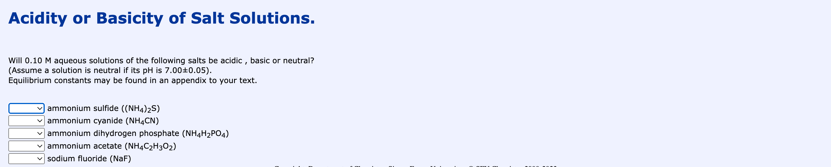 Solved Acidity or Basicity of Salt Solutions. Will 0.10M | Chegg.com