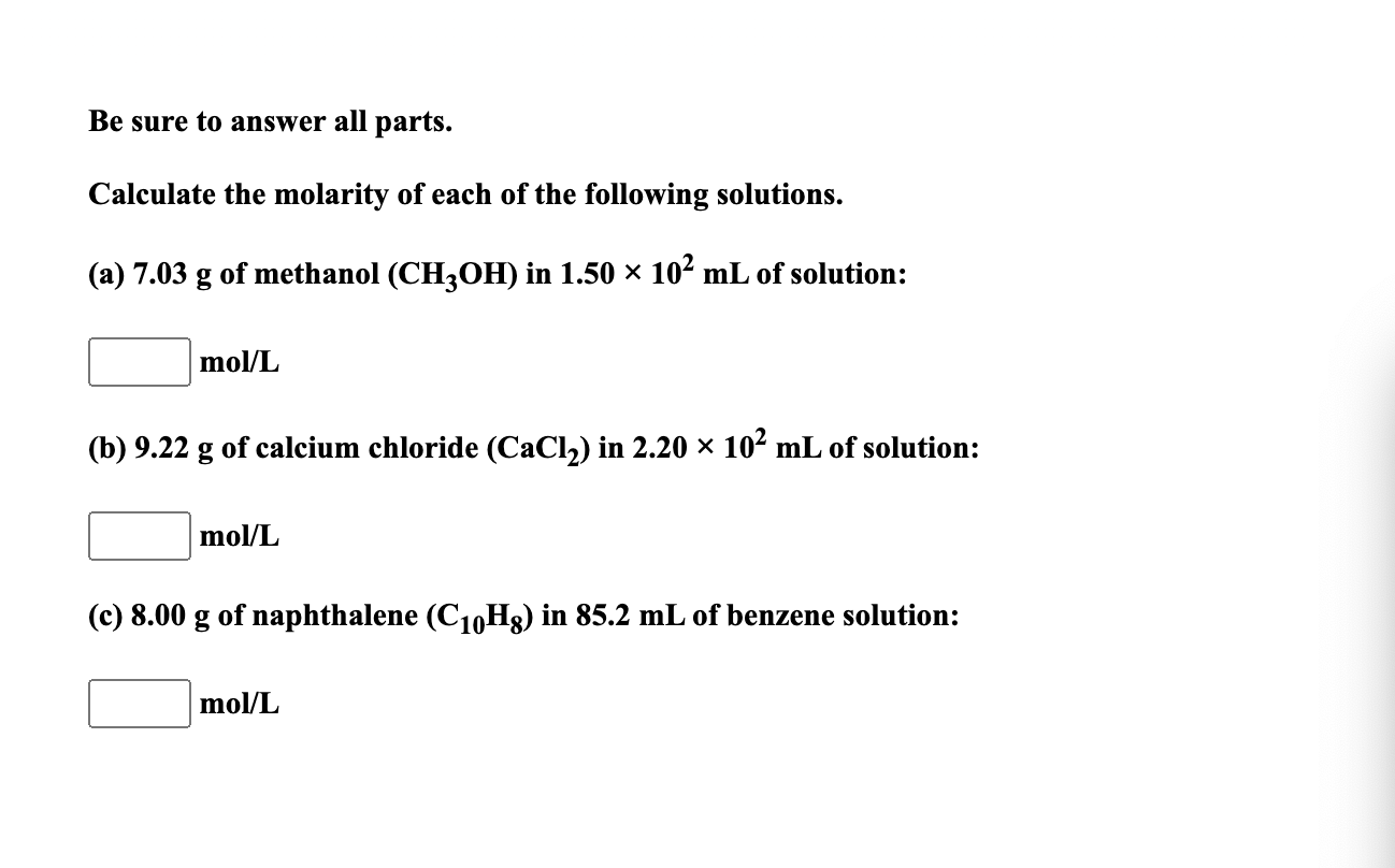 Solved Be sure to answer all parts. Calculate the molarity | Chegg.com
