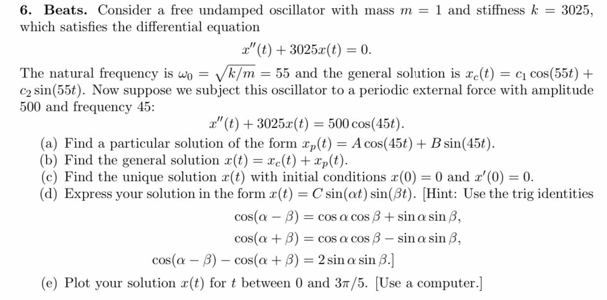 Solved 6. Beats. Consider a free undamped oscillator with | Chegg.com