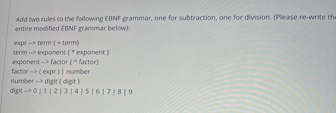 Solved Add two rules to the following EBNF grammar, one for | Chegg.com
