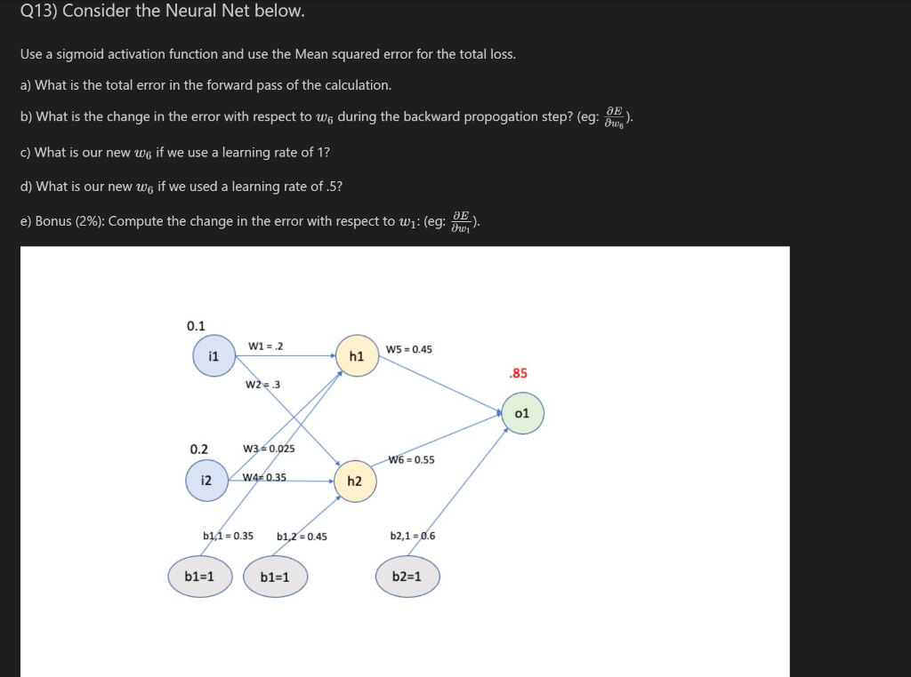 Q13) Consider the Neural Net below. Use a sigmoid | Chegg.com