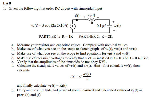 Solved LAB 1. Given the following first order RC circuit | Chegg.com