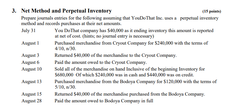 Solved 3. Net Method and Perpetual Inventory (15 points) | Chegg.com