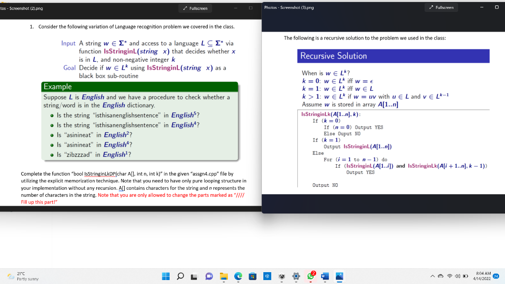 Complete the function “bool IsStringinLkDP(char A[], | Chegg.com