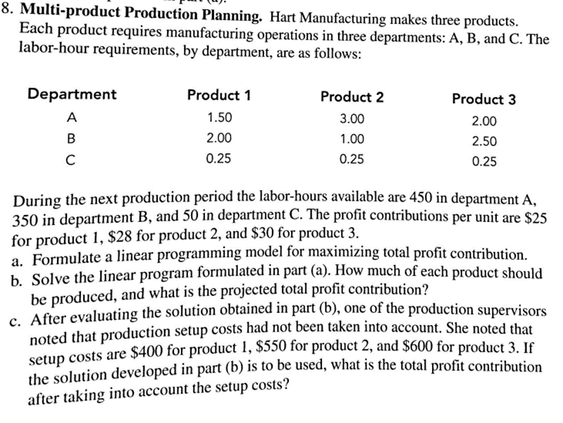 Multi-product Production Planning. Hart Manufacturing | Chegg.com