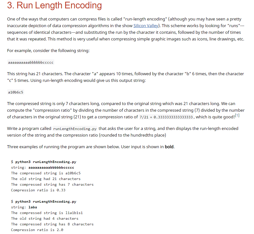 Solved 3. Run Length Encoding One of the ways that computers | Chegg.com