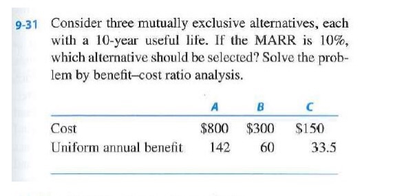 Solved Consider three mutually exclusive alternatives, each | Chegg.com