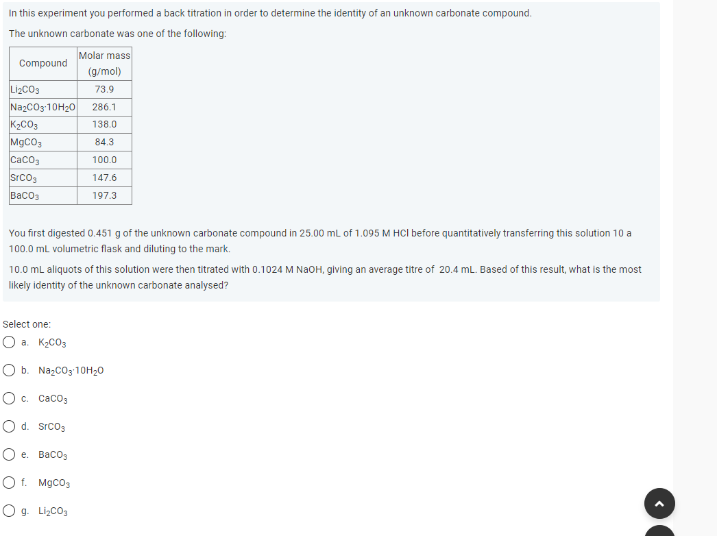 Solved In this experiment you performed a back titration in | Chegg.com
