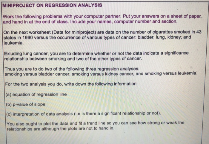 Solved MINIPROJECT ON REGRESSION ANALYSIS Work the following | Chegg.com