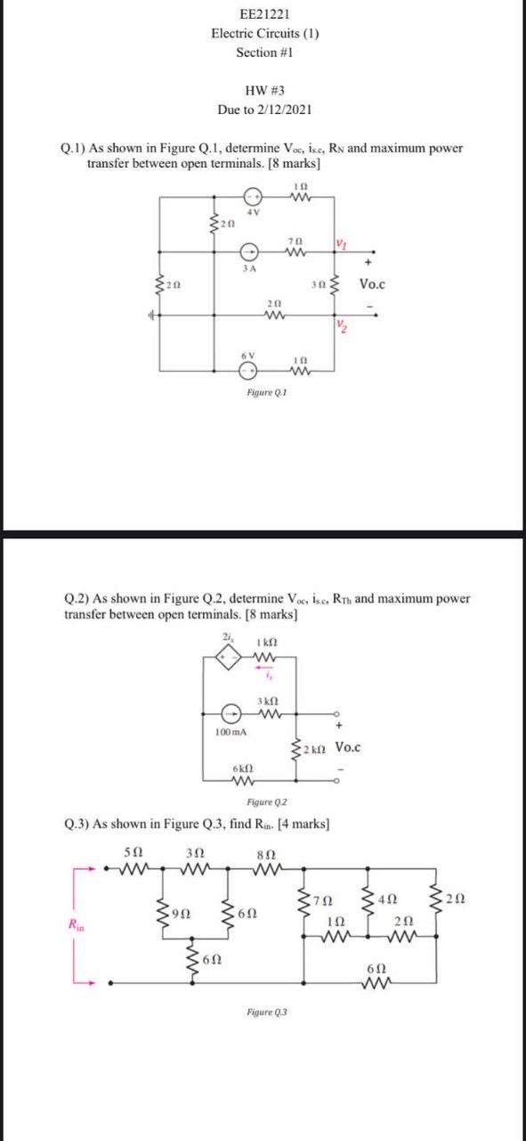 Solved EE21221 Electric Circuits (1) Section #1 HW #3 Due to | Chegg.com