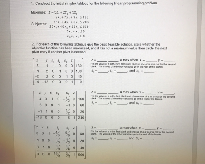 Solved 1 Construct The Initial Simplex Tableau For The