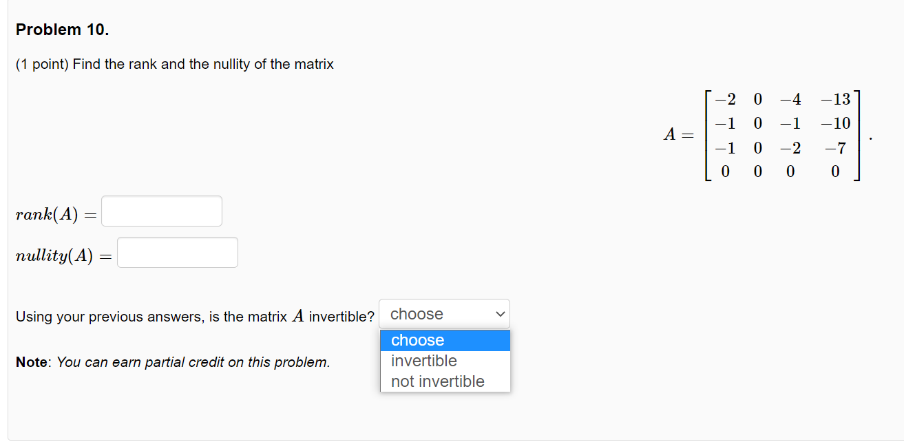 Solved Problem 10. (1 point) Find the rank and the nullity | Chegg.com