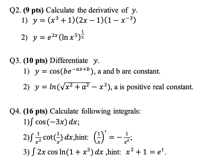 Solved Q2. (9 pts) Calculate the derivative of y. 1) | Chegg.com