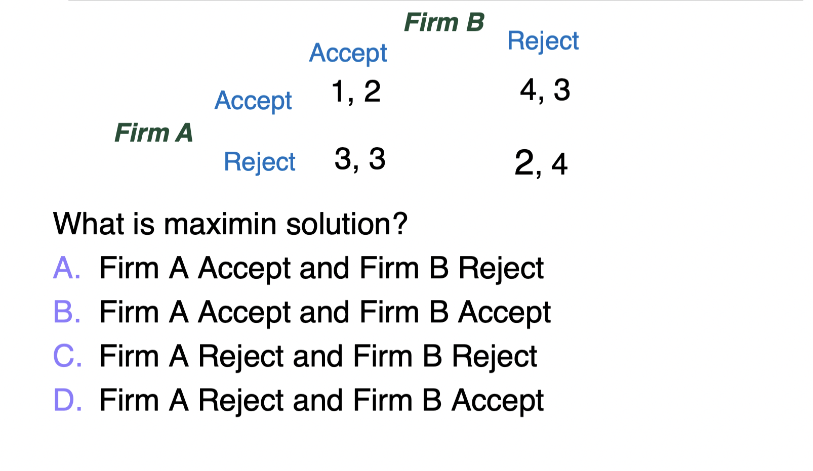 Solved What is maximin solution? A. Firm A Accept and Firm B | Chegg.com