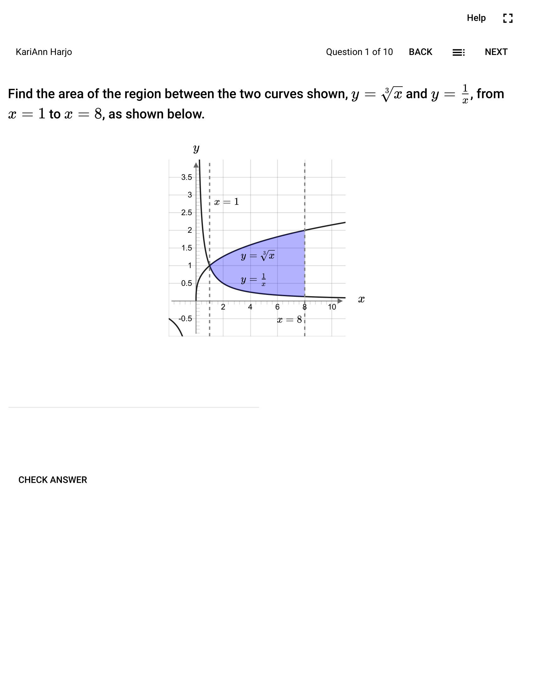 Solved Find the area of the region between the two curves | Chegg.com