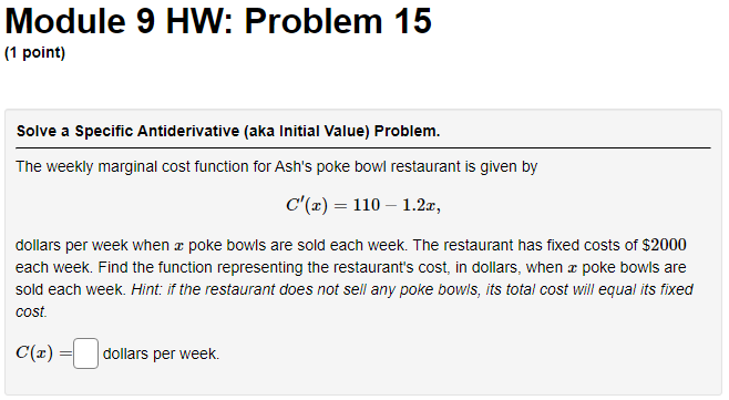 Solved Module 9 HW: Problem 15 (1 point) Solve a Specific | Chegg.com