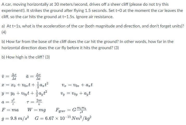 Solved A car, moving horizontally at 30 meters/second, | Chegg.com