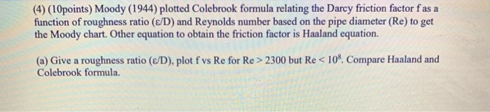 Solved (4) (10points) Moody (1944) plotted Colebrook formula | Chegg.com