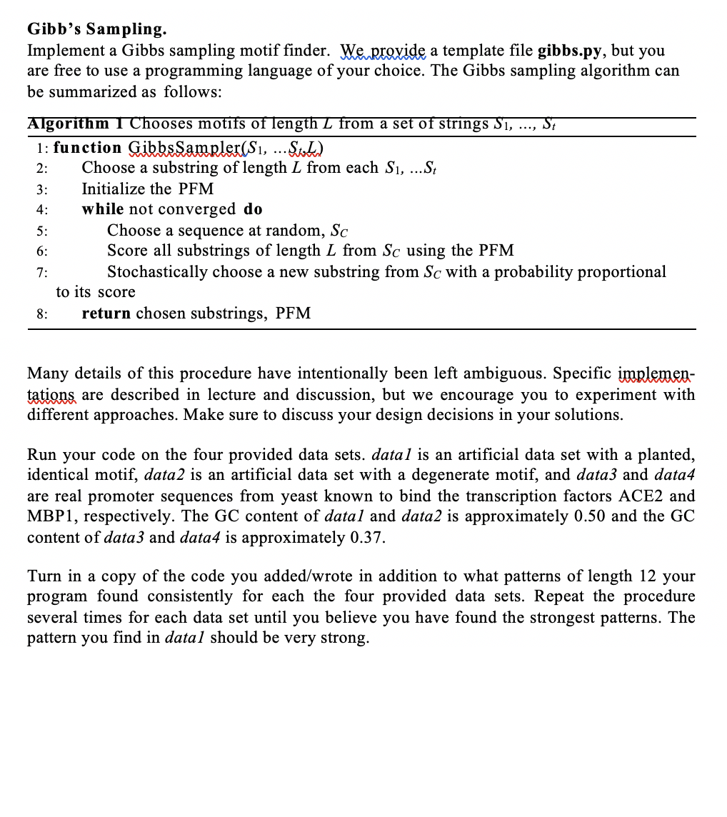 Gibb's Sampling. Implement a Gibbs sampling motif | Chegg.com