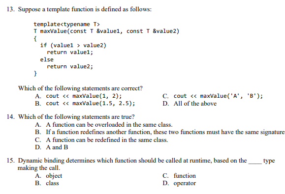Solved 13. Suppose a template function is defined as | Chegg.com