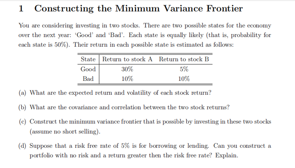Solved 1 Constructing the Minimum Variance Frontier You are | Chegg.com