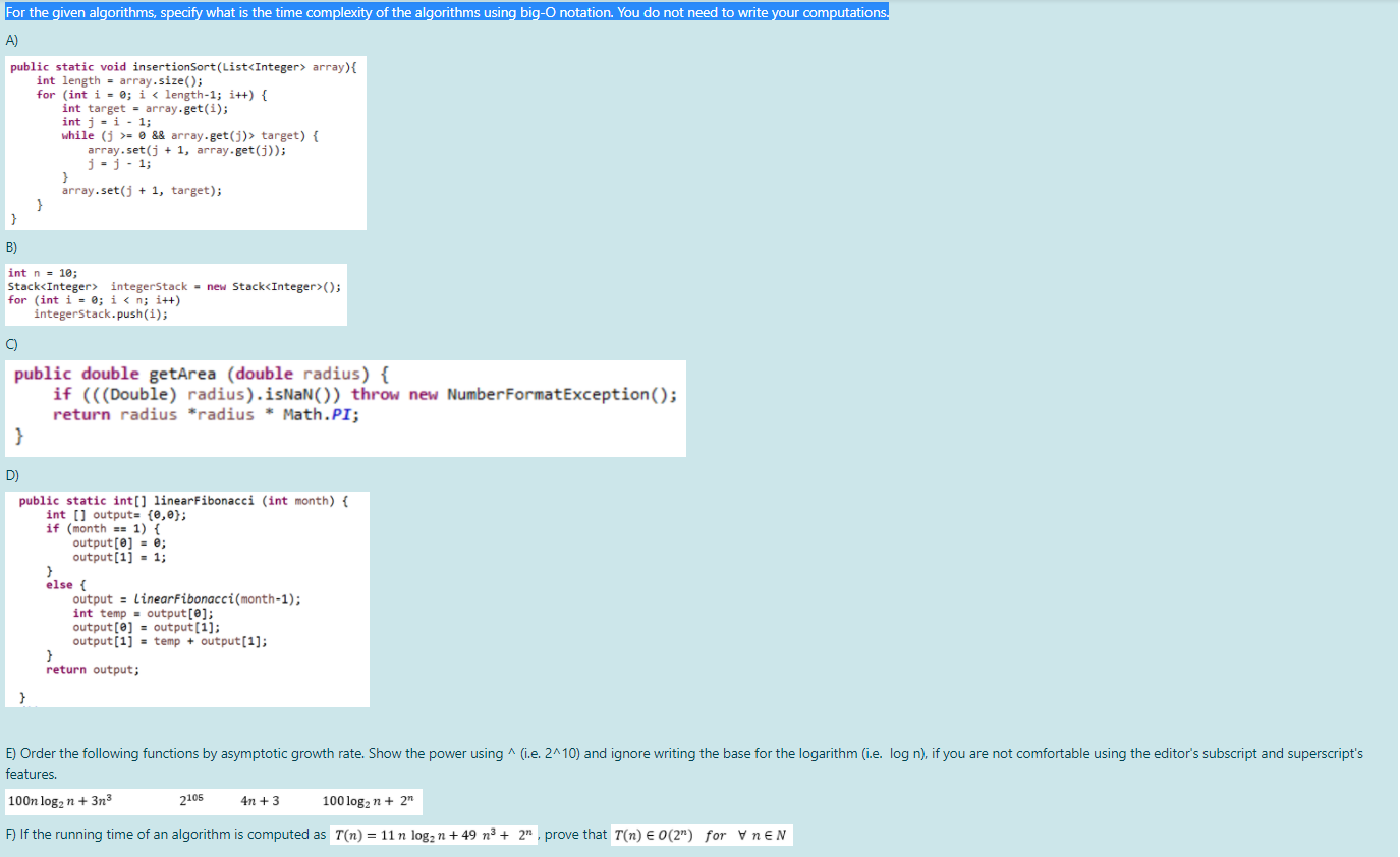 Solved For the given algorithms, specify what is the time | Chegg.com