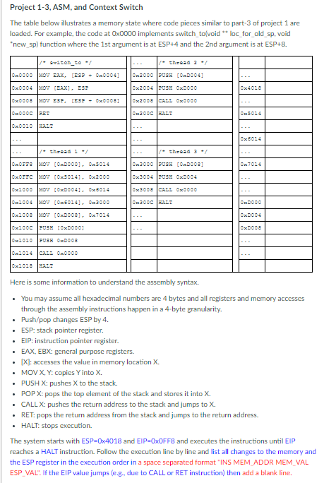 Solved Project 1-3, ASM, and Context Switch The table below | Chegg.com