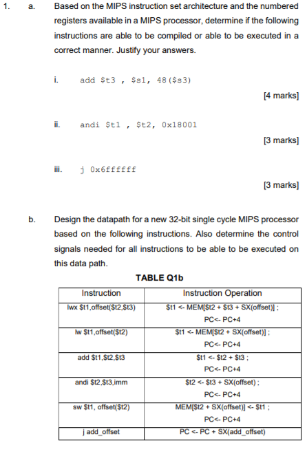 1. a. Based on the MIPS instruction set architecture | Chegg.com
