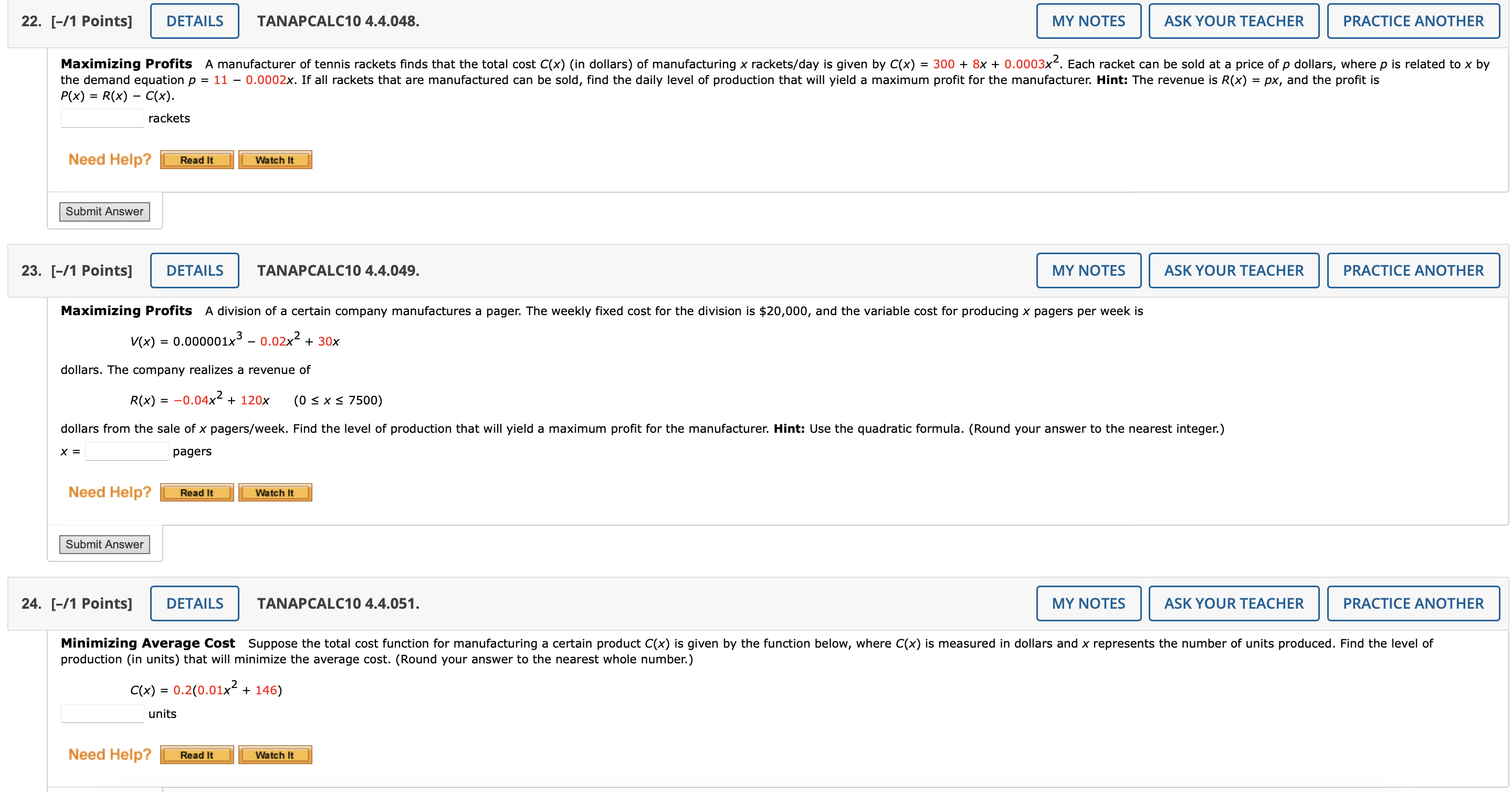 Solved P(x)=R(x)−C(x). rackets 3. [-/1 Points] TANAPCALC10 | Chegg.com