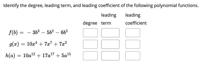 Solved Identify the degree, leading term, and leading | Chegg.com