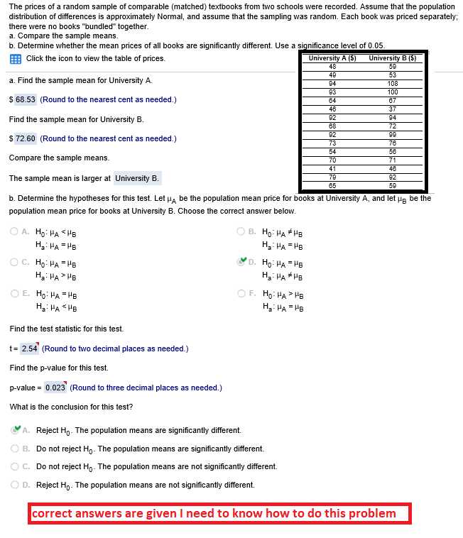 Solved The prices of a random sample of comparable (matched) | Chegg.com