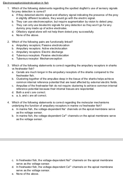Solved Electroreception/electrolocation in fish 1. Which of | Chegg.com