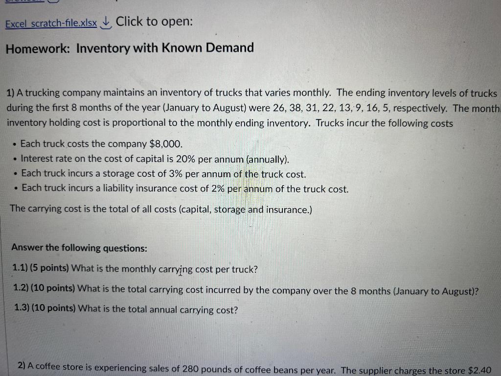 Solved Excel scratch-file.xlsx ≜ Click to open: Homework: | Chegg.com