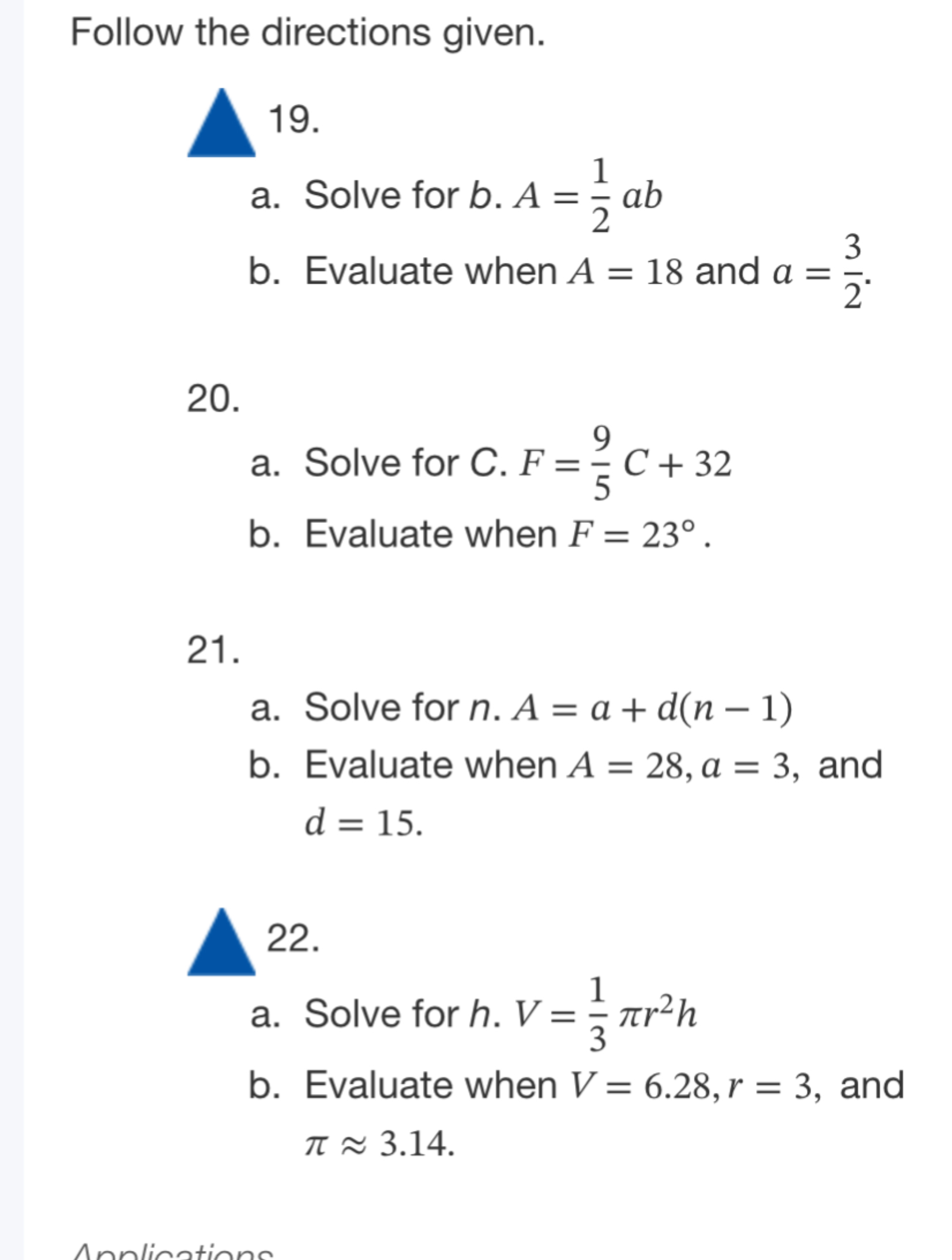 Solved Follow the directions given.a. ﻿Solve for b.A=12abb. | Chegg.com
