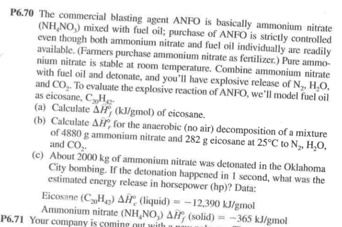 P6.70 The commercial blasting agent ANFO is basically | Chegg.com