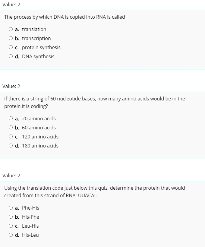 Solved Value: 2 The process by which DNA is copied into RNA | Chegg.com