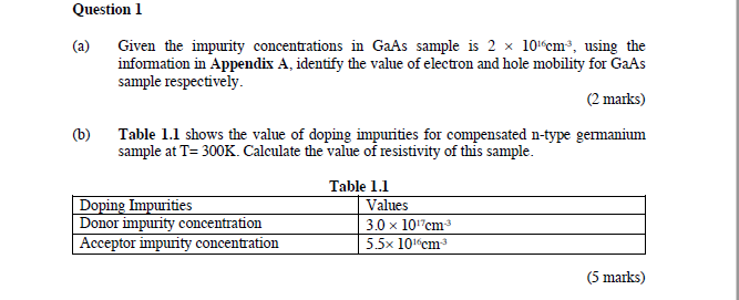 Solved Question 1 (a) Given the impurity concentrations in | Chegg.com