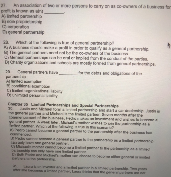 Solved 27. An association of two or more persons to carry on | Chegg.com
