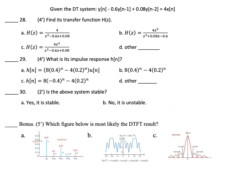 Solved Given the DT system: y[n]−0.6y[n−1]+0.08y[n−2]=4x[n] | Chegg.com