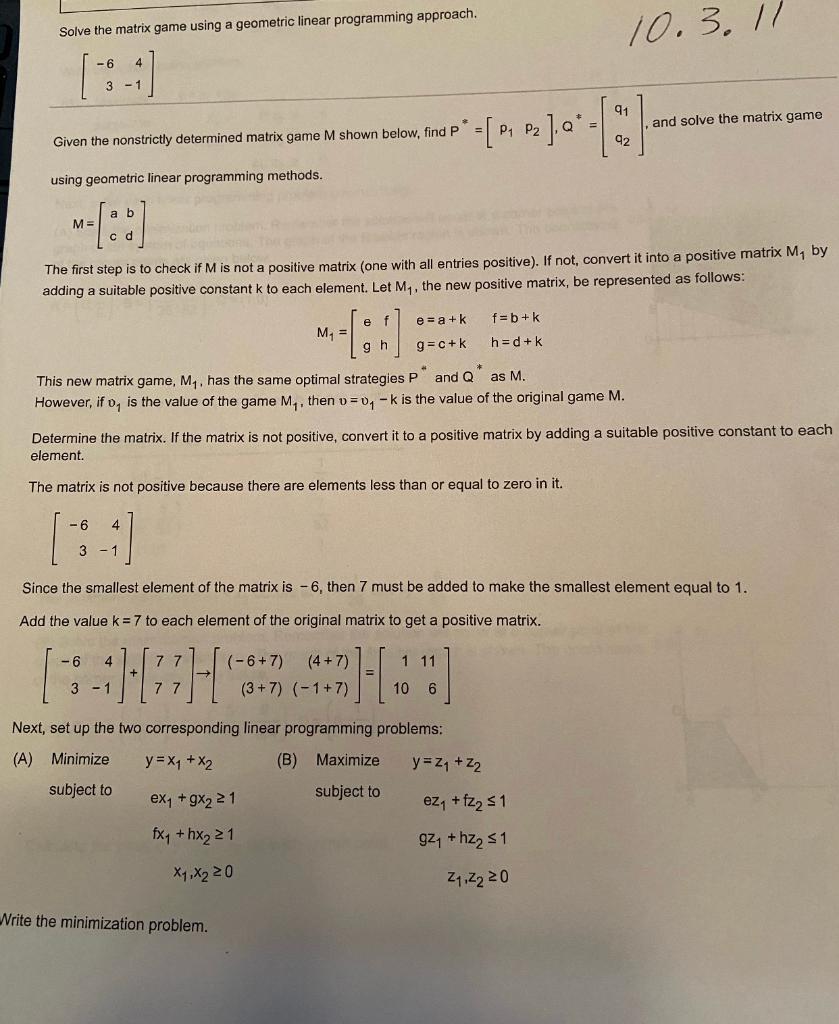 Solve the matrix game using a geometric linear | Chegg.com