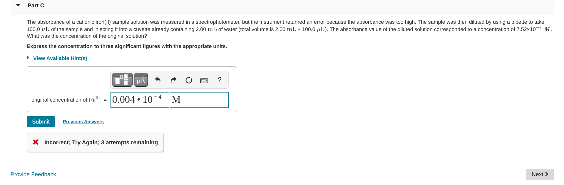 Solved Part C The absorbance of a cationic iron(II) sample | Chegg.com