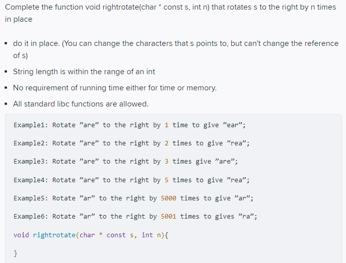 Solved Complete the function void rightrotate(char ∗ const | Chegg.com