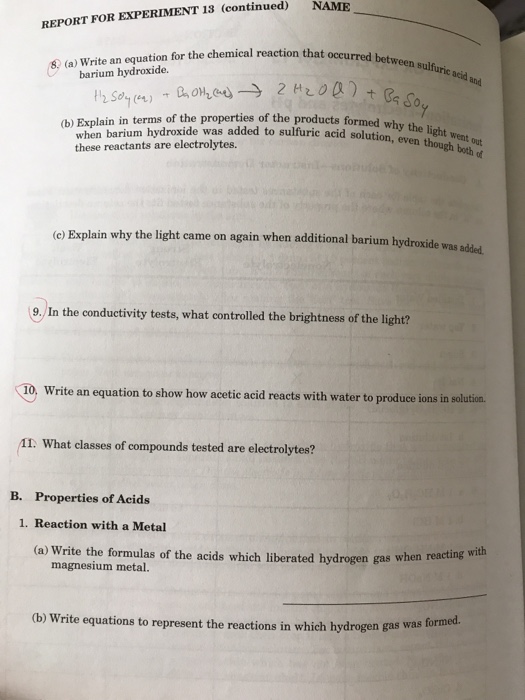 Solved REPORT FOR EXPERIMENT 13 (continued) the chemical | Chegg.com