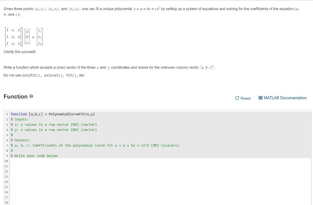 Solved 2nd order polynomial curve fitting given three points | Chegg.com