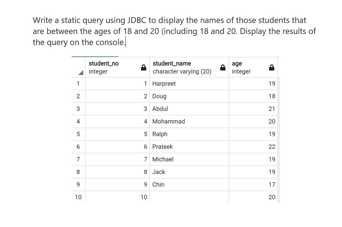 Solved Write a static query using JDBC to display the names | Chegg.com