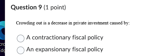 Solved Question 9 (1 ﻿point)Crowding out is a decrease in | Chegg.com