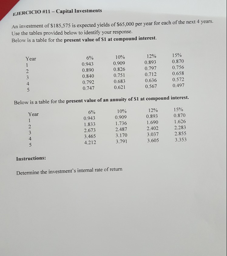Solved EJERCICIO #11-Capital Investments An investment of | Chegg.com