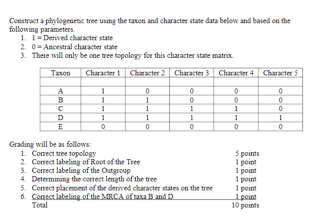 Solved Construct a phylogenetic tree using the taxon and | Chegg.com
