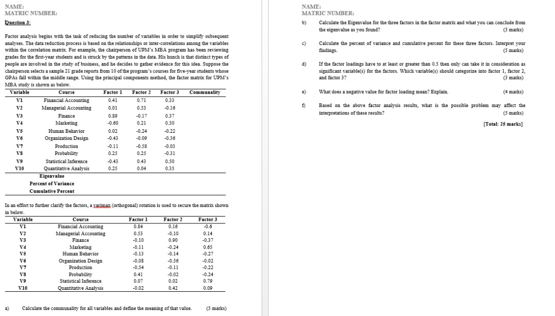 NAME: MATRIC NUMBER: Question 3: NAME: MATRIC NUMBER: | Chegg.com