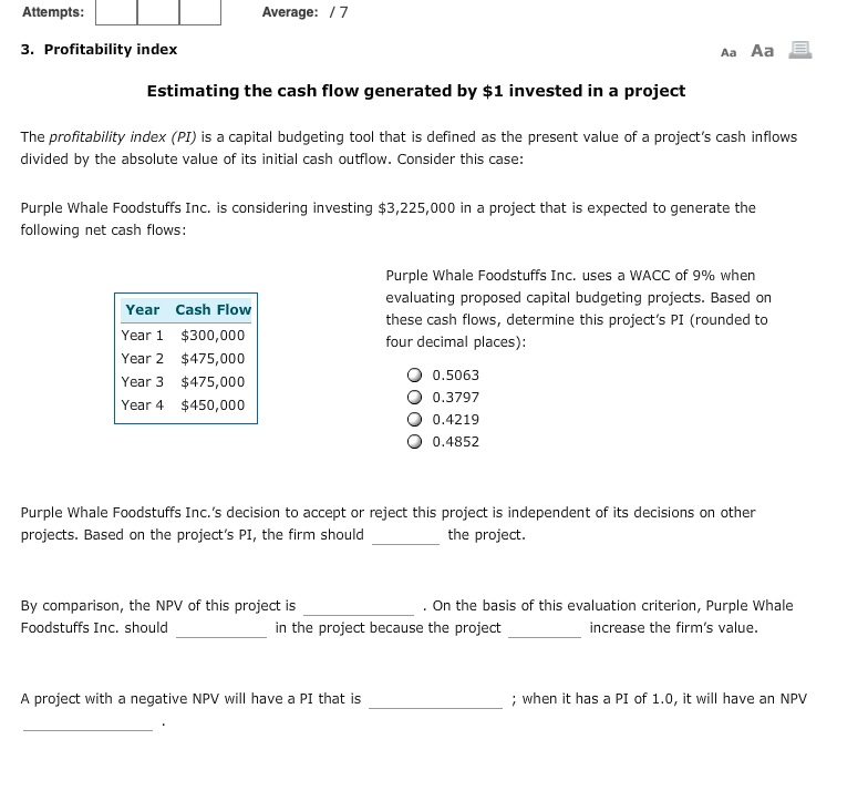 Solved Attempts: Average: 77 3. Profitability index Aa Aa | Chegg.com